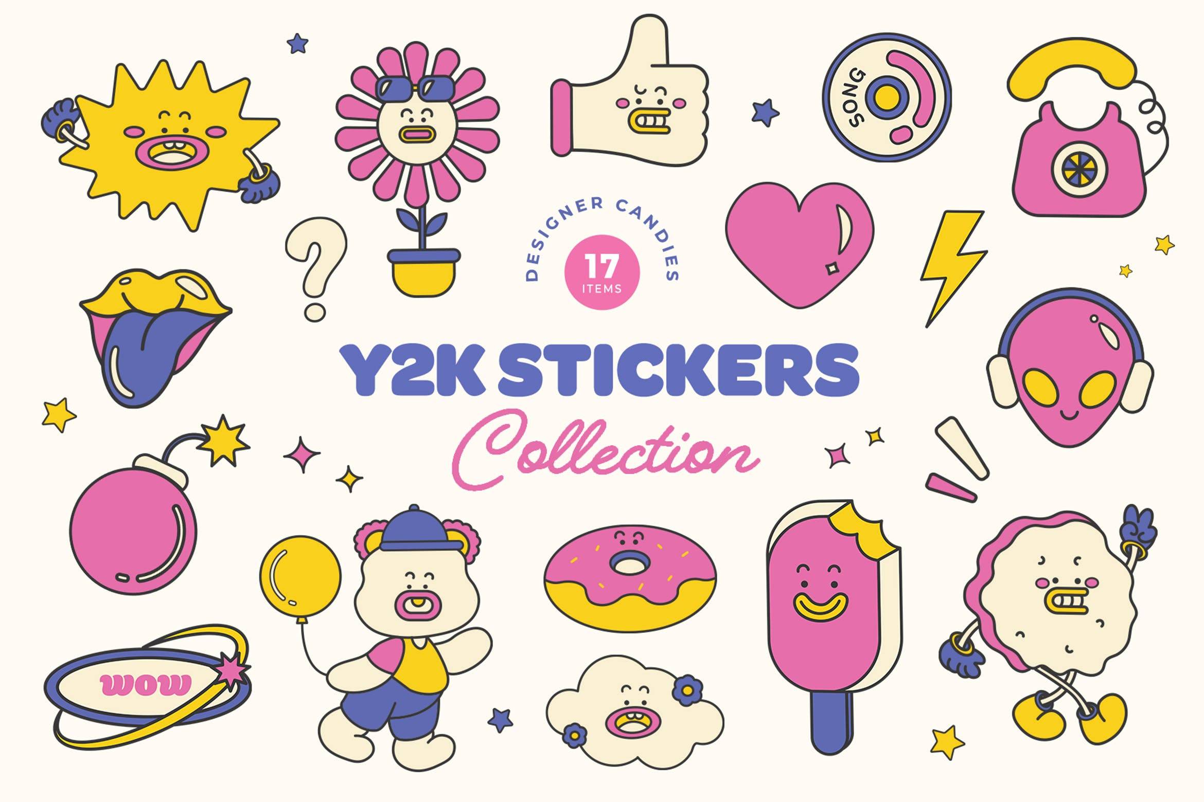 4814 17款复古Y2K趣味粉黄色可爱卡通logo徽标贴纸卡片插画AI矢量套装Cute Y2K Sticker Illustrations ...